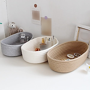 Small Woven Rope Storage Basket with Handles Spring Mini Oval Decorative Hampers for Empty Chest Box 3 Sizes(White 10''L x 6"W x 3''H) Clearence