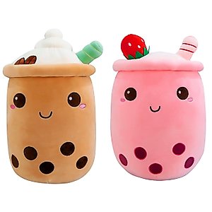 FSRONGXI 2 Pack Boba Plush, Stuffed Bubble Tea Plush Pillow Soft Cute Pearl Milk Tea Hug Pillows for Kids Girls Boys (Brown & Pink)