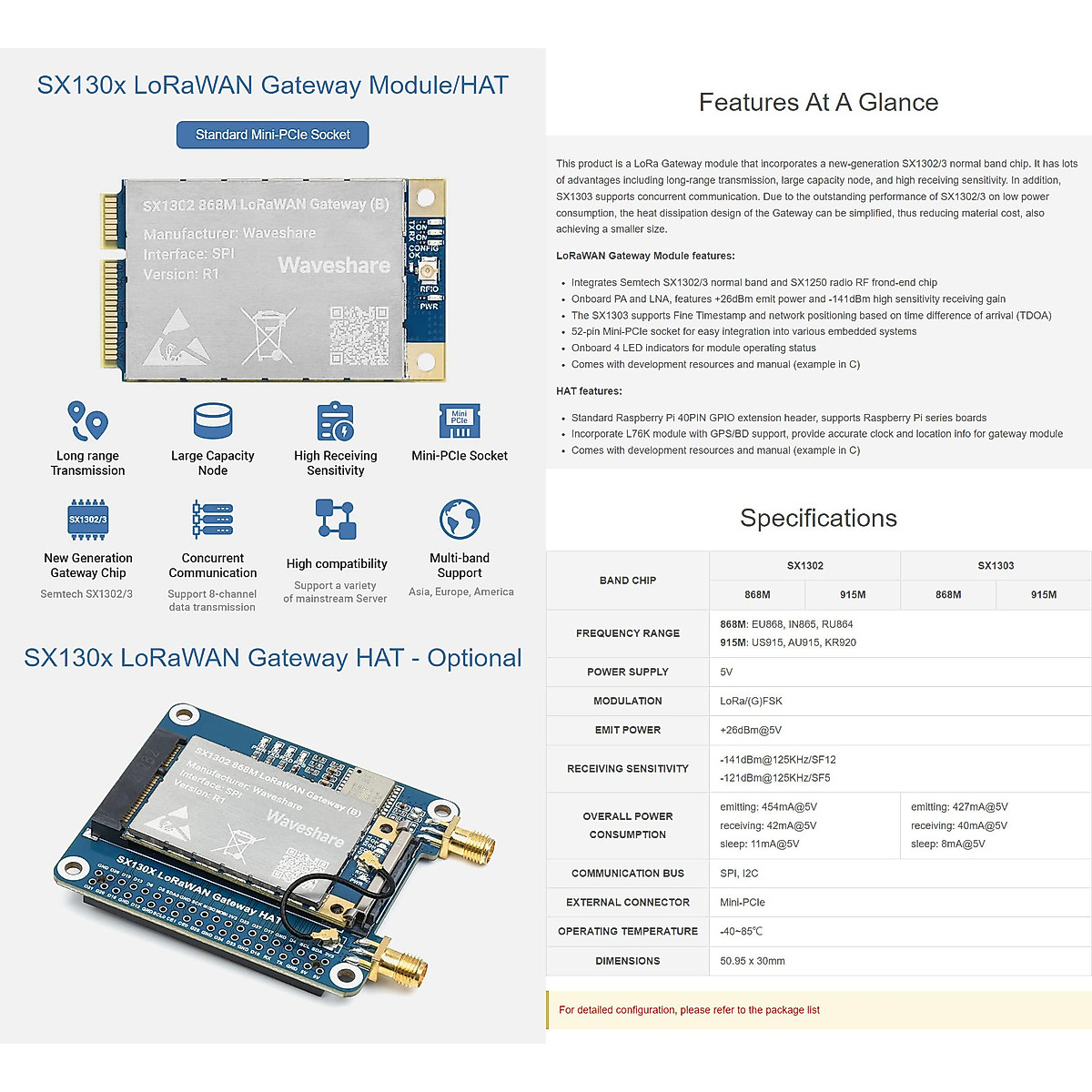 Waveshare SX1303 915M LoRaWAN Gateway HAT Compatible with Raspberry Pi 5/4B/3B/Zero/Zero W/Zero 2W/Pico/Pico W/Pico WH, Mini-PCIe Socket, Long Range Transmission, Large Capacity, Multi-Band Support