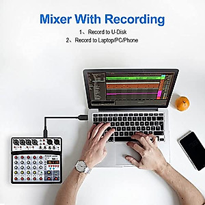 BOMGE 6 Channel Audio Sound Mixer - Professional Digital DJ Mixing Console for Live Streaming, Karaoke and Stereo Recording - With PC Computer Record Playback/Bluetooth/MP3/USB/48V /16 DSP Echo