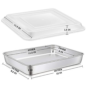 E-far Stainless Steel Baking Pan with Lid, 12⅓ x 9¾ x 2 Inch Rectangle Sheet Cake Pans with Covers Bakeware for Cakes Brownies Casseroles, Non-toxic & Healthy, Heavy Duty & Dishwasher Safe - Set of 2