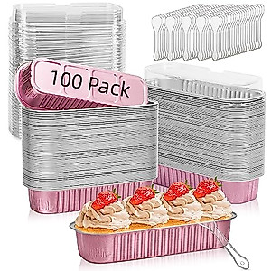 Ruckae 100 Pack Mini Loaf Pan Mini Loaf Baking Pans with Lids and Spoons,Disposable Aluminum Foil Pans, Rectangle Tin Foil Pans with Lids for Home, Pary, Picnics (Pink)