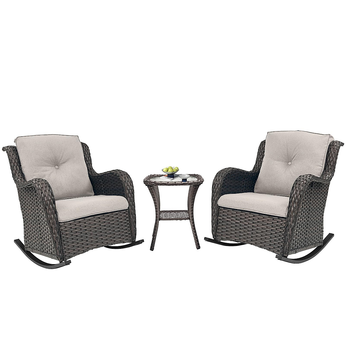 Belord Patio Rocking Chairs Bistro Set - Wicker Outdoor Rocking Chairs Set of 2 with Side Table, All Weather Rattan Rocker Seating Patio Furniture Set for Porch Balcony Garden Brown