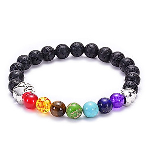 Natural Stone 7 Chakra Dog Paw Charm Lava Rock Mala Beads Elastic Bracelet Yoga Meditation Healing Bangle (Bronze & Silver Dog Paw)