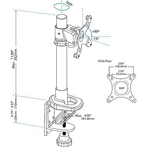 StarTech.com Monitor Desk Mount - Adjustable - Supports Monitors Up to 30" (30.9lb/14kg) - Premium Single Screen VESA Monitor Mount - Desk & Grommet Clamp -Silver (ARMPIVOT)