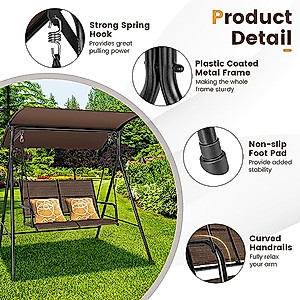 Tangkula 2 Person Porch Swing, Patio Swing with Adjustable Canopy, Padded Seat, Curved handrails & Heavy-Duty Metal Frame, Outdoor Swing for Yard, Garden, Poolside (Brown)