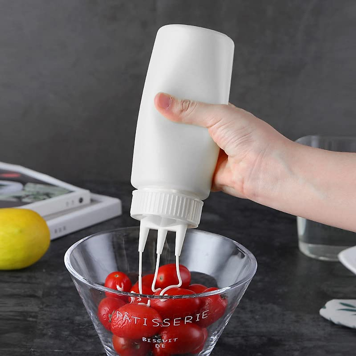 SOUJOY 16 Pack Condiment Squeeze Bottle, 16 Oz 3-Hole Kitchen Ketchup Squirt Bottle with Nozzle Tip and Label, Plastic Dispenser Container for Sauces, Paint, Oil, Salad Dressings, Arts and Crafts