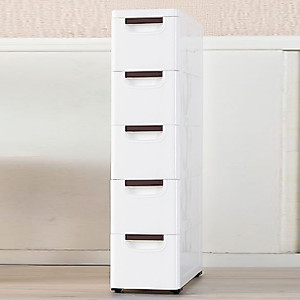 5 Drawers Narrow Slim Plastic Storage Cabinet,Storage Drawer with 4 Wheels,5 Tier Drawers Dresser,White