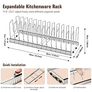 Housolution Pot Lid Organizer, Stainless Steel Expandable Pot and Pan Organizer with 14 Adjustable Dividers, Pan Storage Rack Lid Holder for Cabinet, Silver