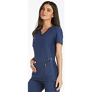 Iflex Scrubs for Women V-Neck Top with Stretchy Knit Side Panels CK605, M, Navy
