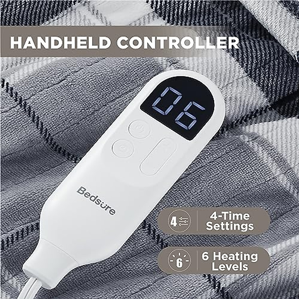 Bedsure Plaid Heated Throw Blanket - Safe Electric Flannel Blanket with Grey Plaid Pattern, Heated Blanket with 6 Heating Levels, 4 Time Settings, and 3 Hours Auto-Off (50x60 inches)