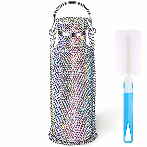 Colorful Diamond Water Bottle Bling Rhinestone Stainless Steel Thermal Bottle Refillable Water Bottle Insulated Water Bottle Glitter Water Bottle with Chain for Women(Silver,750 ml)