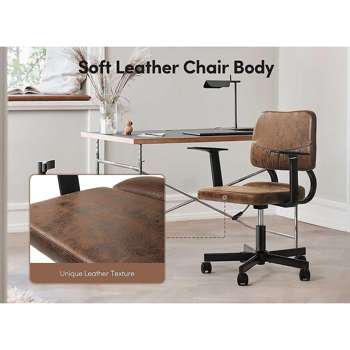 FEZIBO Home Office Desk Chair, Modern Office Chair Mid Back, Swivel Rolling Chair with Wheels, Height Adjustable Computer Tsak Chair, Brown