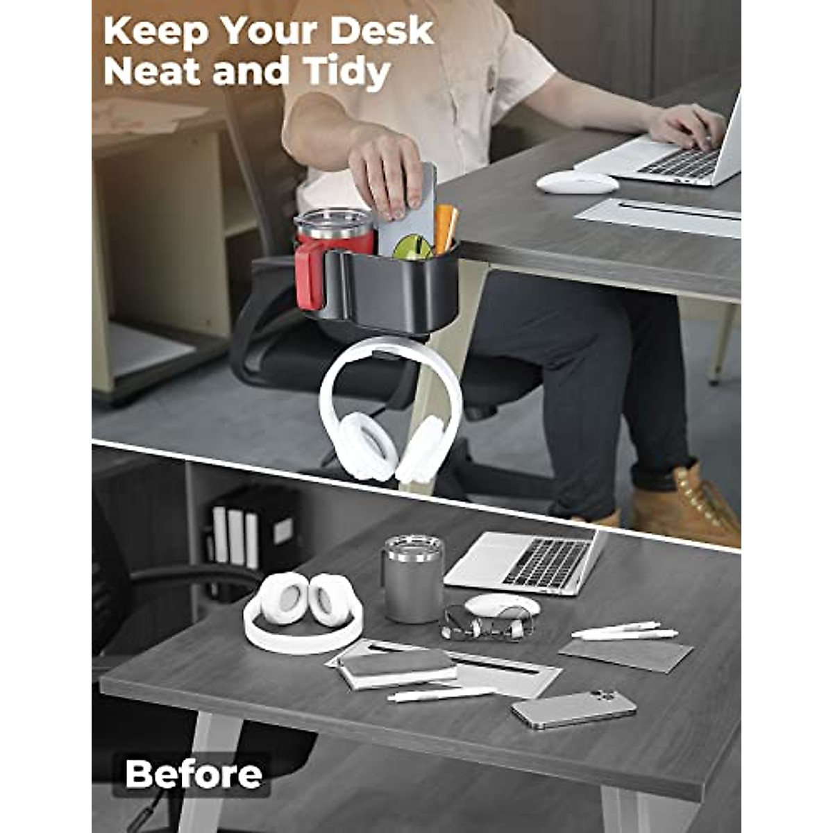 yamagahome Desk Cup Holder, 2 in 1 Table Cup Holder with Headphone Hanger, Anti-Spill Tableside Cup Holder for Water Bottles, Wheelchairs, Workstations, Gaming Desk Accessories