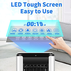 Portable Electric Air Conditioner Unit—2-1 Air Cooler & Tower Fan with 3 Speeds/Modes,12H Timer,with remote and 2 Ice Packs,7L Large Water Tank for Home,Office,Kitchen White