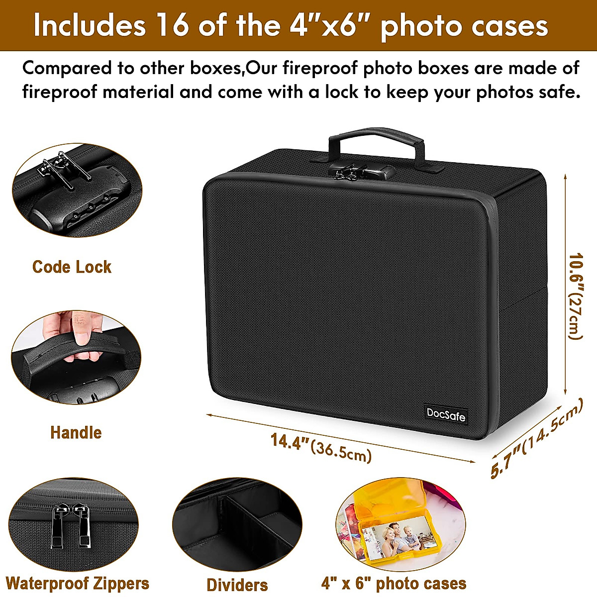DocSafe Photo Storage Box with Lock,Fireproof Photo Organizer Box with 16 Inner 4" x 6" Photo Case(Multi-Colored),Collapsible Portable Photo Filing Safe Storage with Water-Resistant Zipper for Photos