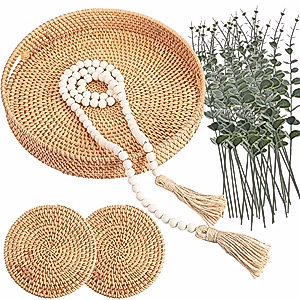 Round Rattan Serving Tray Woven Basket Tray 13.8 Inch Wicker Coffee Table Decorative Tray with Handles 2 Pcs Coasters 1 Pcs Rustic Wood Bead Garland 24 Pcs Eucalyptus Stems for Wedding Home Decor