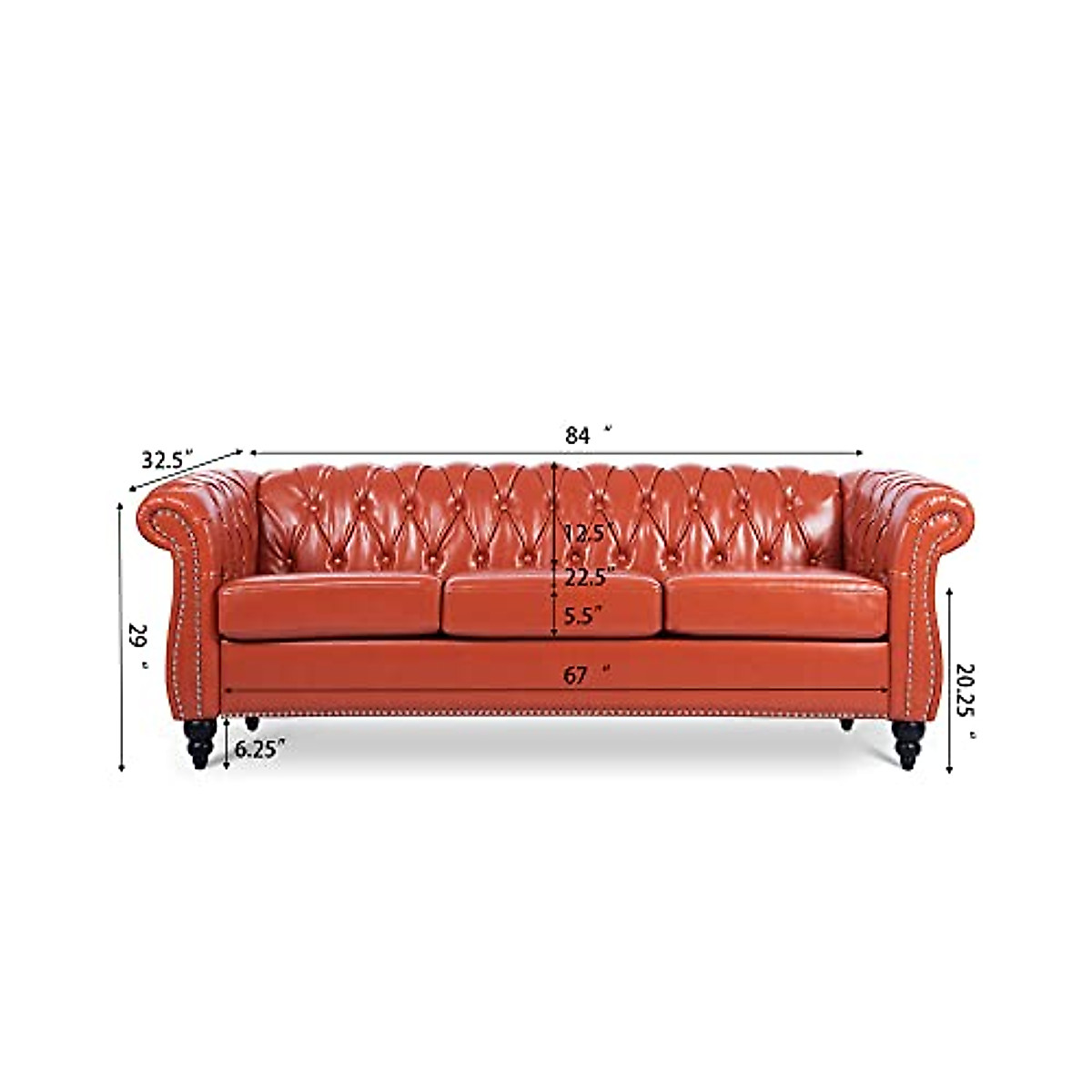 QHITTY Accent Large Sofa, Chesterfield Couch 3 Seater Modern Leather Couch Upholstered Sofa with Tufted Back for Living Room Furniture (Orange)