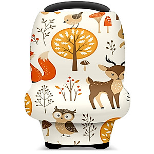 Baby Car Seat Stroller Covers Fox Owl Deer Rabbit Bird Nursing Cover Breastfeeding Scarf Soft Breathable Stretchy Coverage Carseat Canopy Cover for Boys and Girls Multi Use for Baby Shower