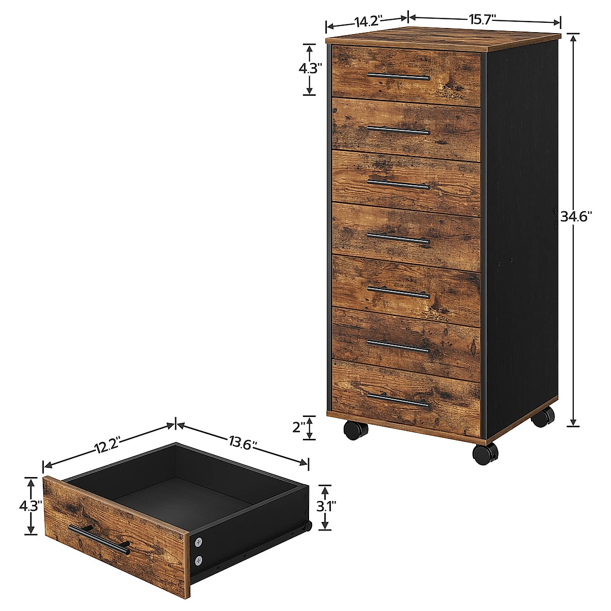 HOOBRO 7-Drawer Chest, File Cabinet, Wooden File Cabinet, Office Cabinet with Drawers, Storage Cabinet, for Home Office, Study, Easy Assembly, Rustic Brown and Black BF07WJ01