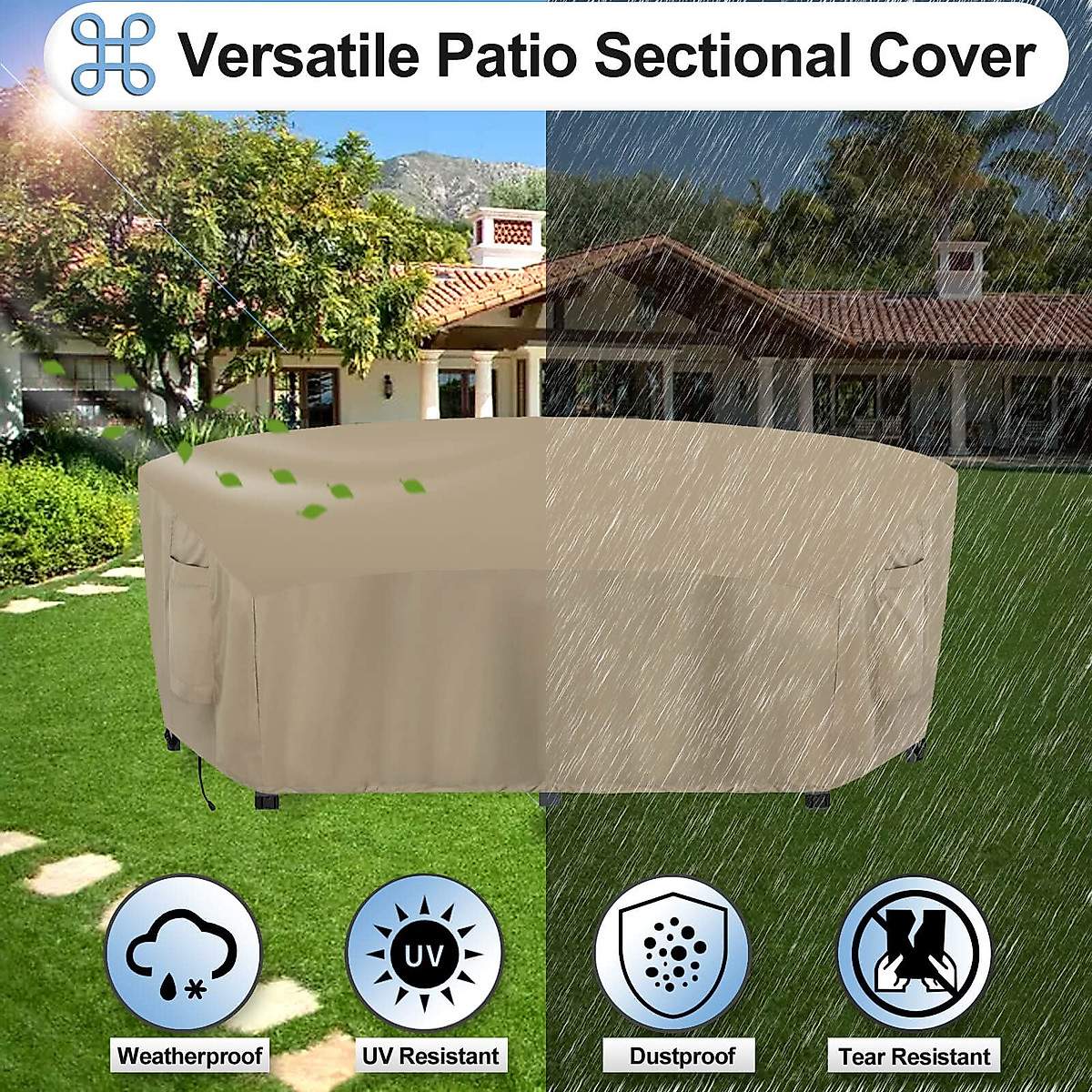 OutdoorLines Waterproof Curved Outdoor Sectional Cover - UV Resistant Windproof Patio Sectional Sofa Covers for Deck, Lawn and Backyard, Heavy Duty Furniture Covers (120Lx36Dx38Hx82FL, Camel)