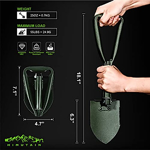 Himutain 18.5'' Military Folding Camping Shovel, w/Pick Foldable Tactical Shovel for Gardening, Camping, Hiking, Outdoor, Backpacking, Emergency (Olive)