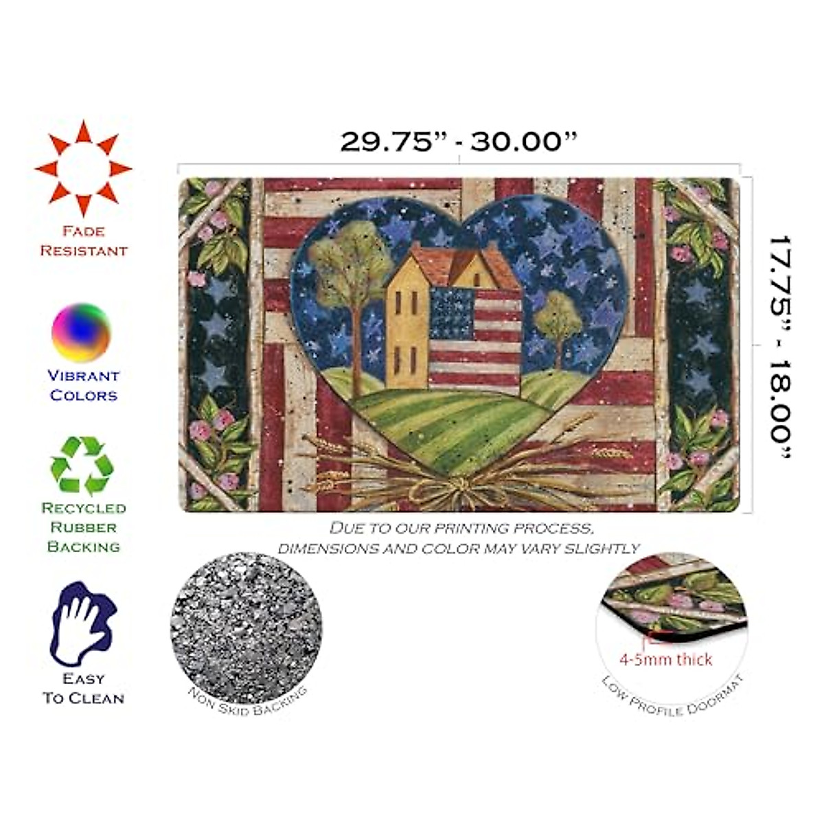Toland Home Garden 800049 American Folk Heart Summer Door Mat 18x30 Inch Welcome Outdoor Doormat for Entryway Indoor Entrance