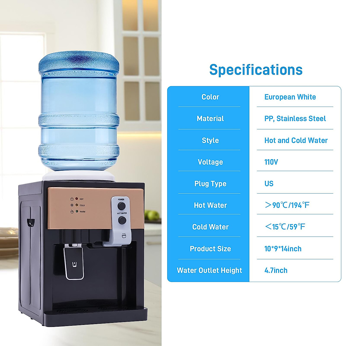 YIPONYT Top Loading Countertop Water Cooler Dispenser, 3 Temperature Settings Hot & Cold Water Dispenser, Holds 1.2 to 5 Gallon Bottles for Home/Office/Dormitory Use…