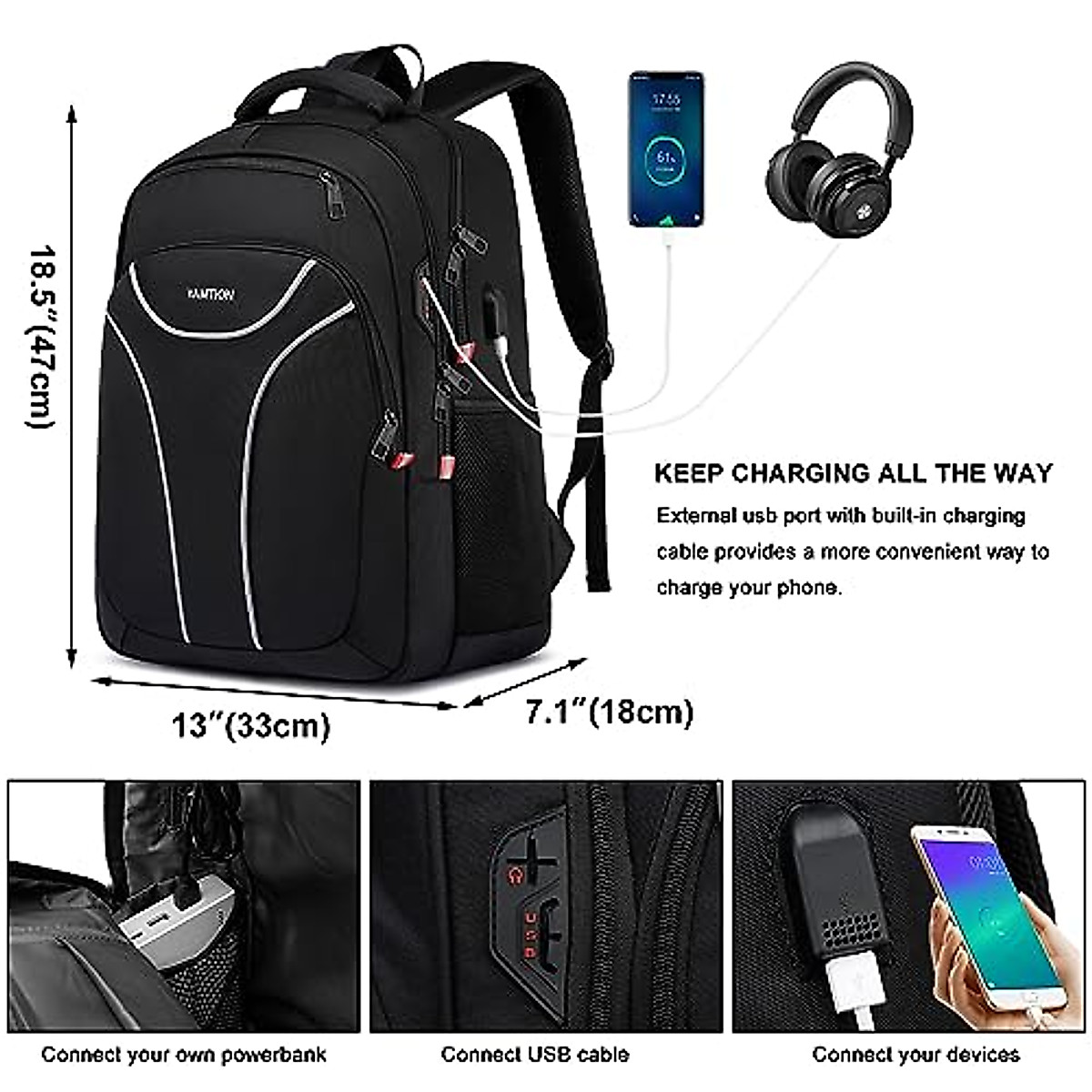 YAMTION Laptop Bookbag,17 Inch School Backpack Large for Men College Backpack with USB for High School Teen Students Adult Business Work Office Travel