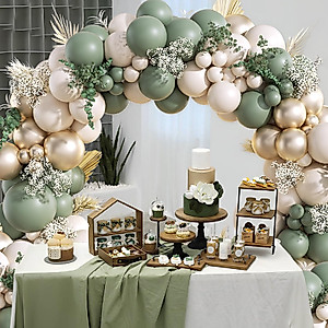 130Pcs Sage Green Gold Balloon Garland Arch Kit with Sage Green Sand White Gold Balloons for Baby Shower Bridal Shower Birthday Engagement Wild One Party Decorations