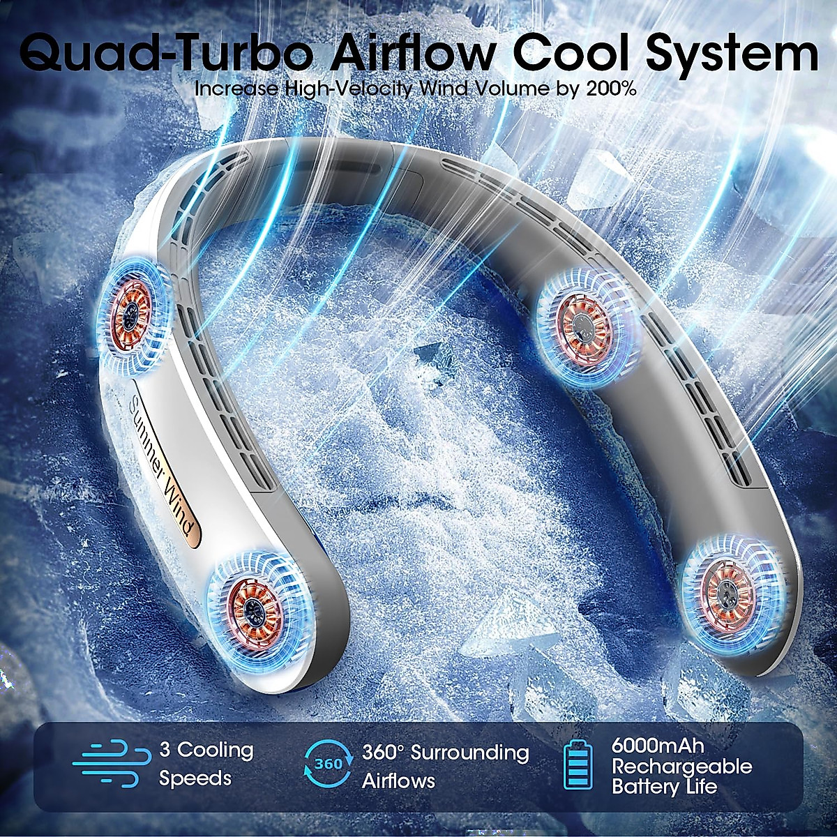 MSEVC 4 Turbo 6000mAh Portable Neck Fan 360°Cooling Airflow Bladeless USB Rechargeable with 3 Speeds Adjustment Wearable Personal Fan for Outdoor Travel Indoor - White