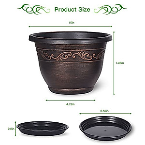 Plastic-Plant-Flower-Planters-10 Inch With Drainage Hole & Saucer, 3 Packs Lightweight Small Resin Flower Pot Indoor Outdoor, Retro Antique Imitation Decorative Garden Containers Sets For Houseplants