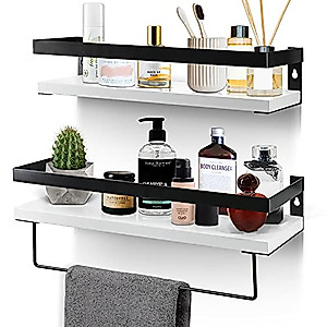 Cheeorry Bathroom Floating Shelves for Wall, White Wall Storage Shelves with Towel Bar, Bathroom Shelf Over Toilet Storage Shelving Wall Mounted for Kitchen, Bathroom,Laundry Room Set of 2 (White)