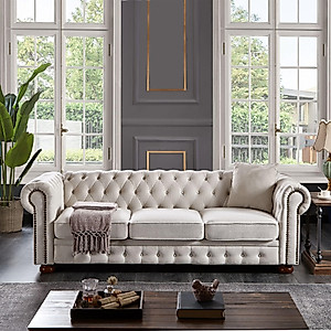 LUMISOL 3 Seater Couch for Living Room, Modern Upholstered Tufted Couch with Nailhead Trim & Wood Legs, Chesterfield Sofa with Rolled Arms