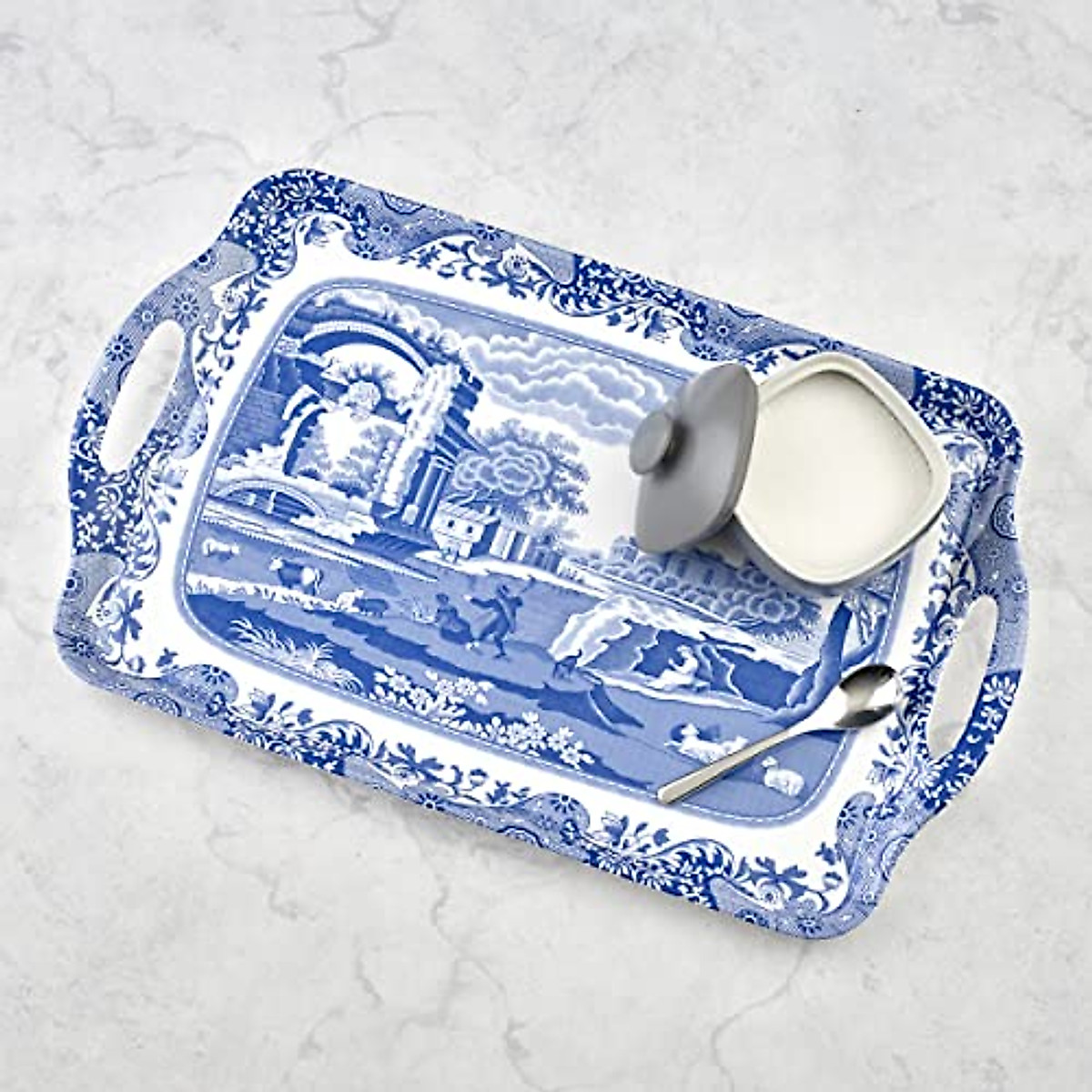 Pimpernel Spode Blue Italian Collection Large Handled Tray | Serving Tray for Lunch, Coffee, or Breakfast | Made of Melamine for Indoor and Outdoor use | Measures 18.9" x 11.6" | Dishwasher Safe