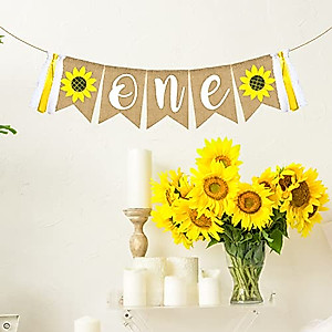 Doumeny Jute Burlap One Banner with Sunflower One HighChair Banner Boy Girl 1st/First Birthday Bunting Banner Baby Shower Party Banner Sunflower Tassel Ribbon Garland Banner for Party Photo Prop Decor