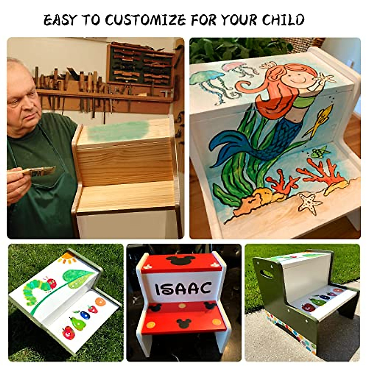 Wood City Wooden Toddler Step Stool for Kids, Bathroom Potty Stool & Kitchen Stool, Natural Two Step Stool for Bedroom, Children's Stool with Handles and Safety Non-Slip Pads