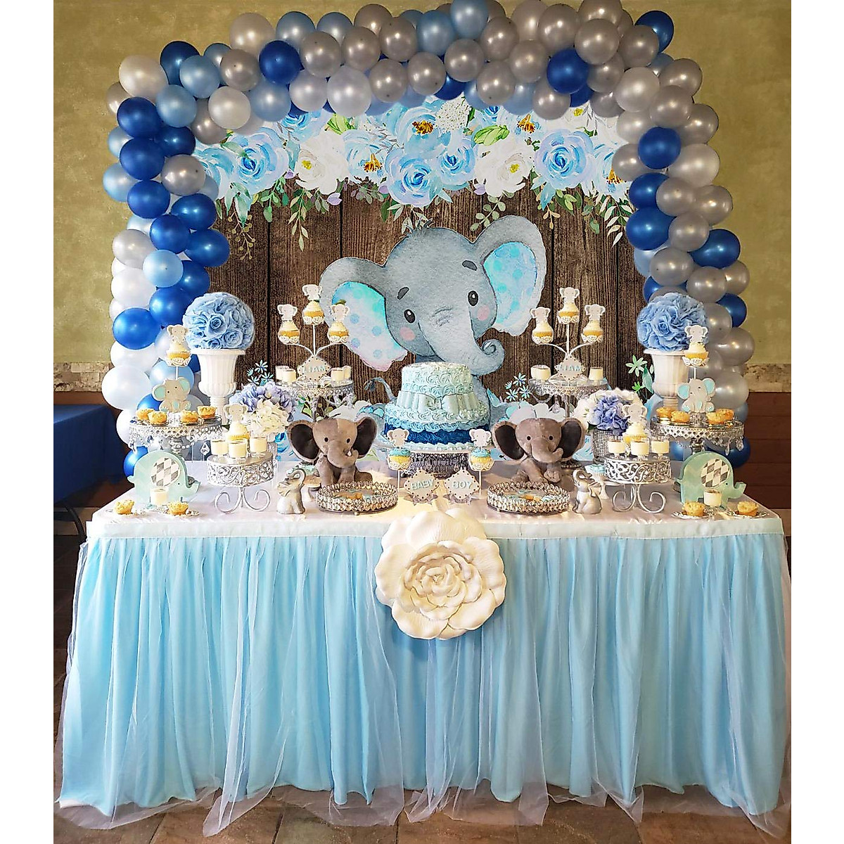 Mocsicka Floral Elephant Baby Shower Backdrop Blue Elephant Baby Shower Party Decoration 7x5ft Vinyl Boy Elephant Baby Shower Photo Background (7x5ft (82x60 inch))