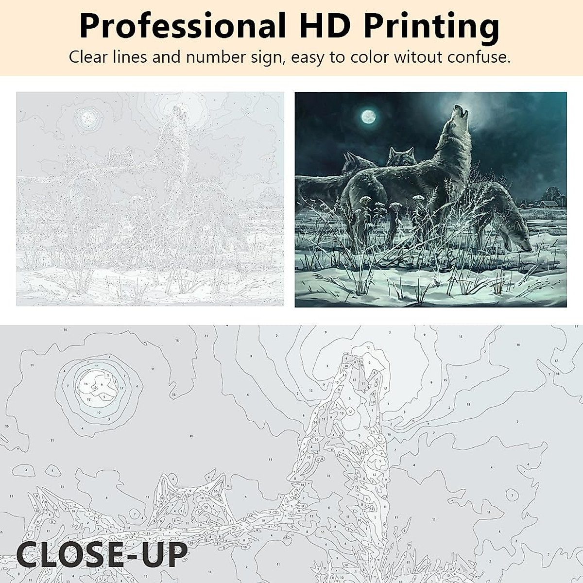 TUMOVO DIY Wolves Paint by Numbers, Flock of Wolves at Night Howls to The Moon Paint by Numbers for Adults, Animal Art Paint by Numbers Kits on Canvas, Frameless Paint by Numbers for Beginner 16"x20"