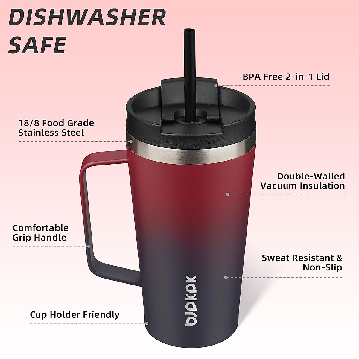 BJPKPK Insulated Tumbler with Handle, 18oz Insulated Tumblers with Lid and Straw, Stainless Steel Metal Water Bottles, Coffee Travel Mugs, Cups, Charming Black Red