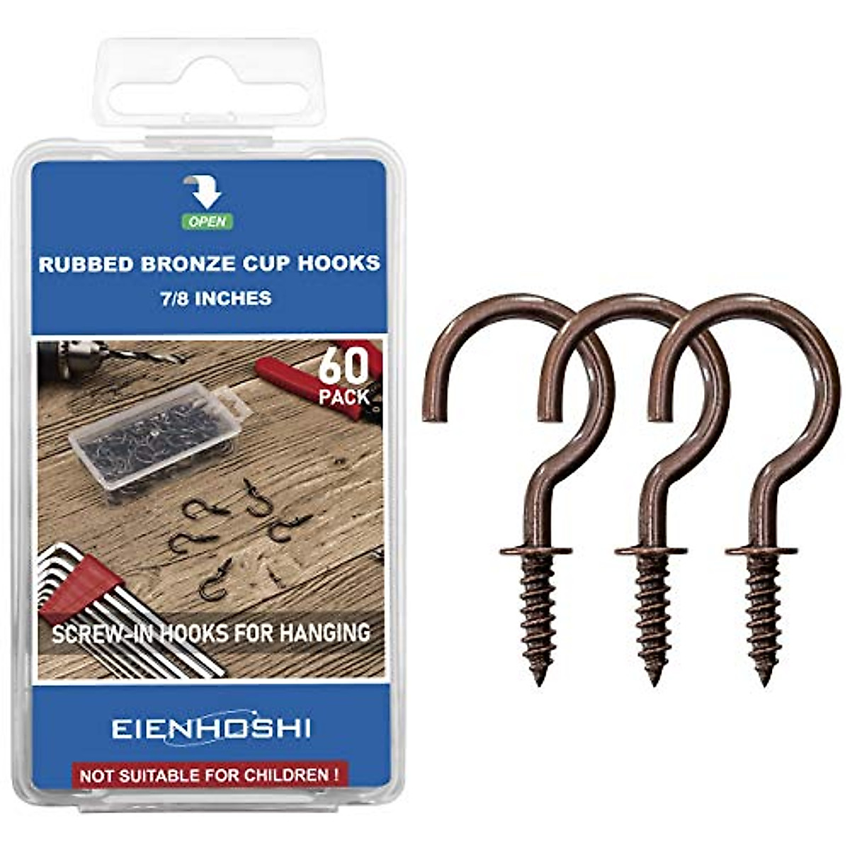 EIENHOSHI 7/8'' Rubbed Bronze Cup Hooks - Pack of 60, Screw-in Hooks for Hanging Stuff, Small Ceiling Hooks Great for Indoor-Outdoor Use