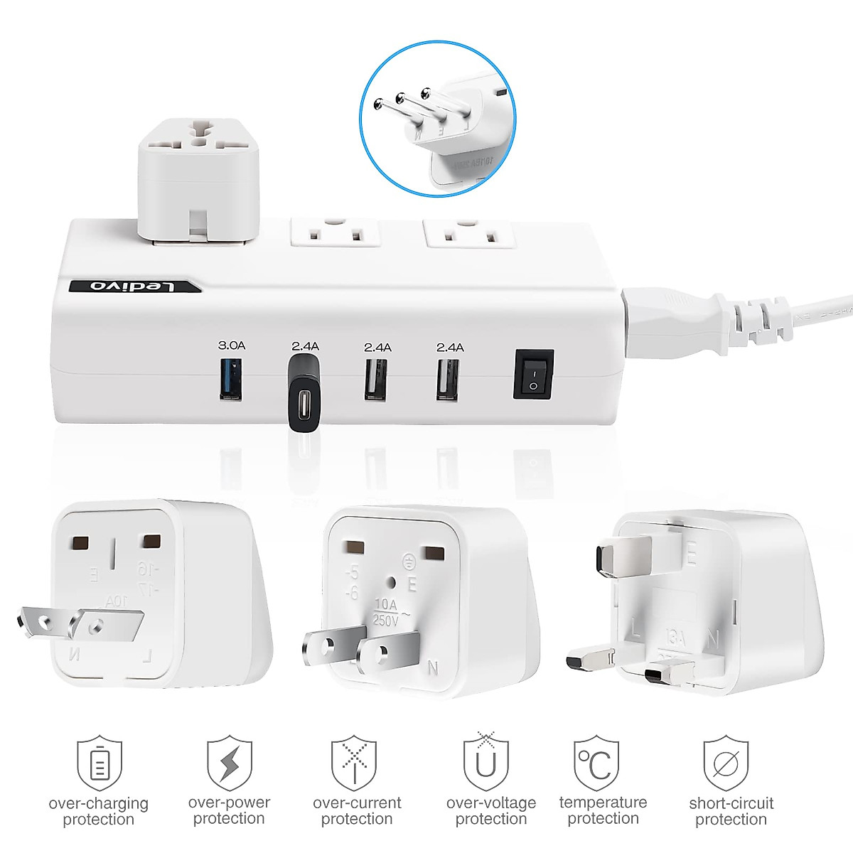 Travel Adapter Universal 220V to 110V Voltage Converter with 4-Port USB International Power Step Down UK/AU/US/EU Worldwide Plug Adapter