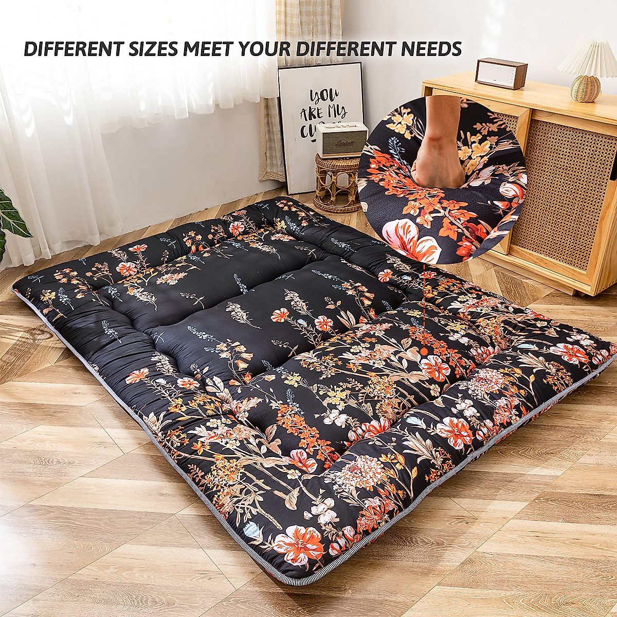 Black Floral Japanese Futon Floor Mattress, Bed Mattress Topper Portable Thick Sleeping Pad Floor Bed Roll Up Camping Mattress Folding Couch Bed Mattress Pad for Guest Room, Full Size