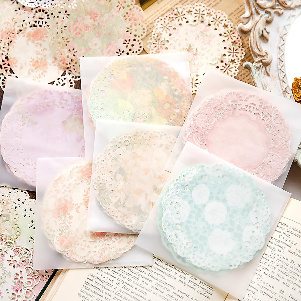 120 Pcs Lace Paper Decoupage Paper Round Lace Paper Lace Table Doilies for Aesthetic Journals Junk Journal Planners Vintage Journaling Supplies Crafts（A）