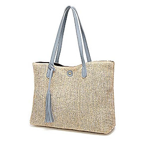 QTKJ Women Straw Summer Beach Bag Handwoven Big Tote Leather Shoulder Handbag with Tassel Decorate (Light Blue)
