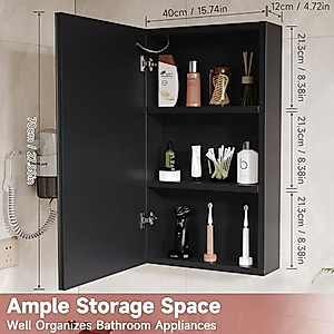 Seenvlog Bathroom Medicine Cabinet with Lights, 15.7" x 27.5" LED Mirror Cabinet, 3-Color Temp, Black Bathroom Storage Cabinet Anti-Fog, Wall Mount