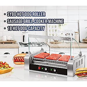 SYBO Hot Dog Roller, 18 Hot Dog 7 Roller Grill Cooker Machine with Removable Stainless Steel Drip Tray and Glass Hood Cover, 1000-Watts, OT-R3-8
