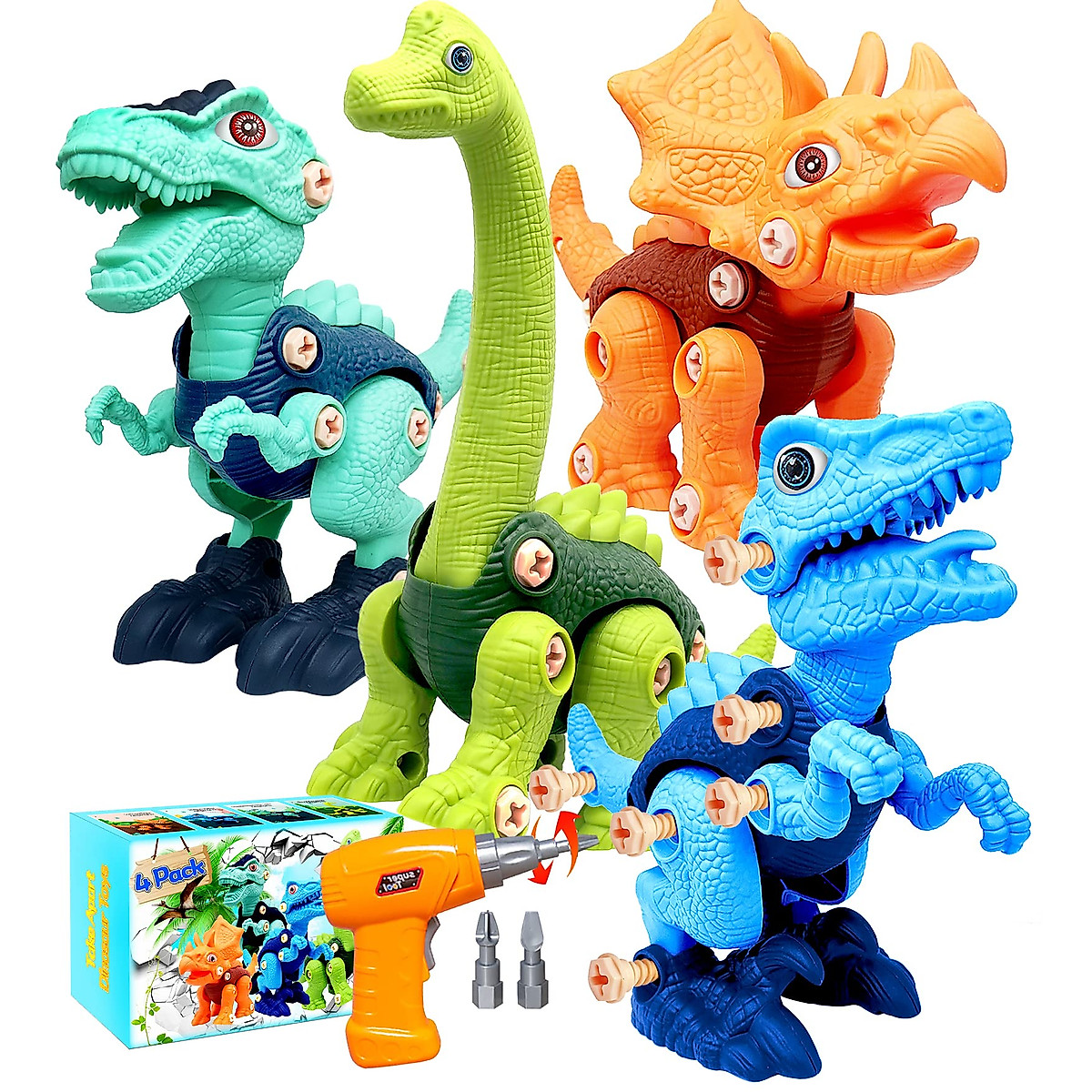 HAFUZIYN Dinosaur Toys for Kids, 4 Pack Take Apart Dinosaur Toys with Electric Drill for 3 4 5 6 7 8Year Old Boys and Girls, STEM Construction Building Play Toy for Christmas Birthday Gifts