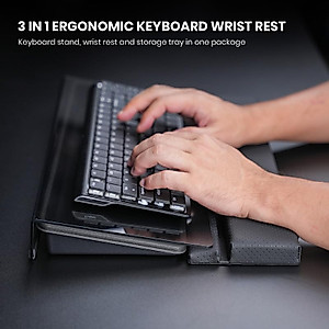 3 in 1 Keyboard Stand w/Wrist Rest and Storage Tray - Klearlook [Ultra Comfortable] PU Leather Wrist Pad & Acrylic Keyboard Riser, 16.9x7.3 inch Tilt Adjustable Computer Keyboard Stand Holder-Black