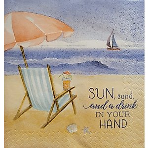 Beach Breeze Chair Sun, Sand, Drink in Hand Cocktail Beverage Paper Napkins | 5"x5" Size Folded | 48 ct | 2 ply | Beach Seashore Summer Party